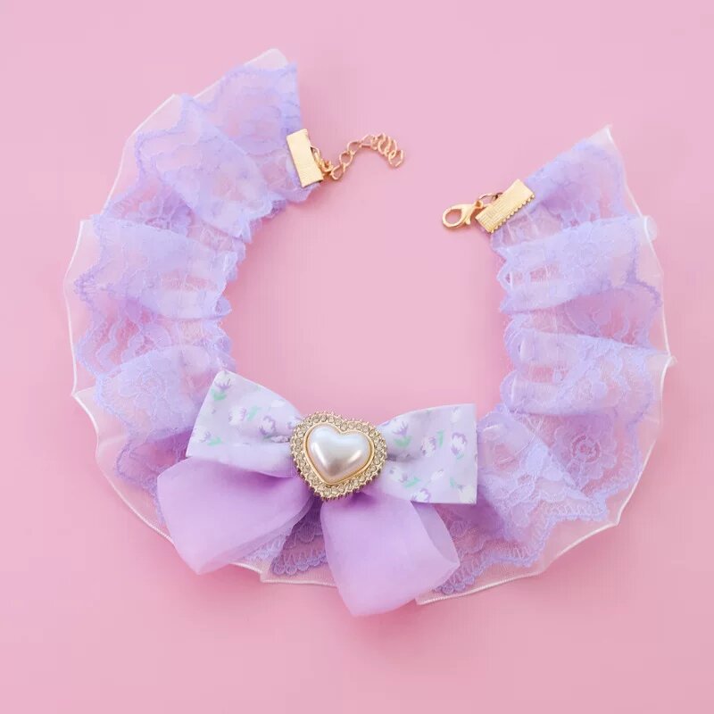 Ошейник для кошек и собак, повязка на мордочку, кружевной цветочный бант, жемчужное сердечко, милый весенне-летний