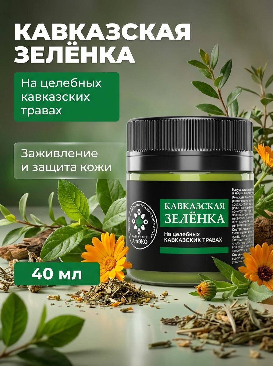 Зеленка кавказская на целебных кавказских травах для заживления ран и ссадин, 40 мл