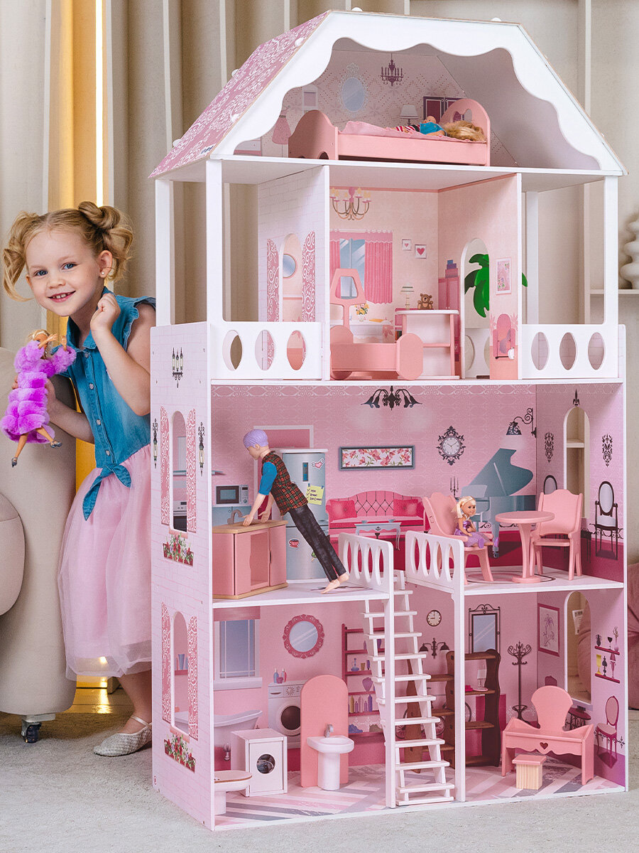 Деревянный кукольный домик PAREMO "Поместье Монтевиль" с мебелью 16 предметов, для кукол 30см, PD318