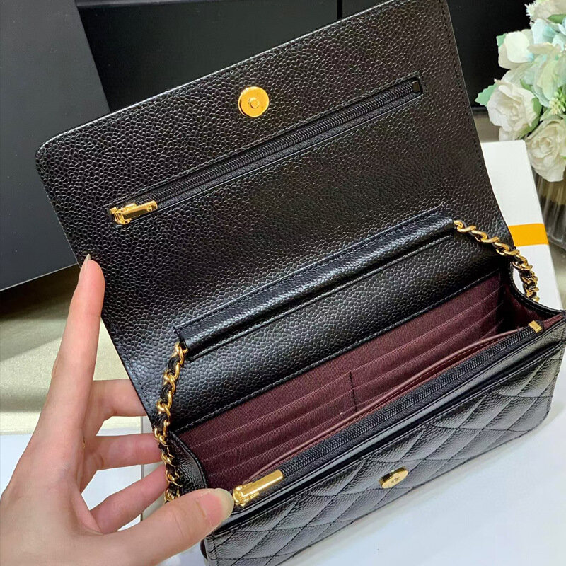 Стиль Chanel Высококачественная цепная сумка Стеганая сумка Fortune WOC Кроссбоди Кожа Кавиар Одноплечевая сумка из овчины для телефона