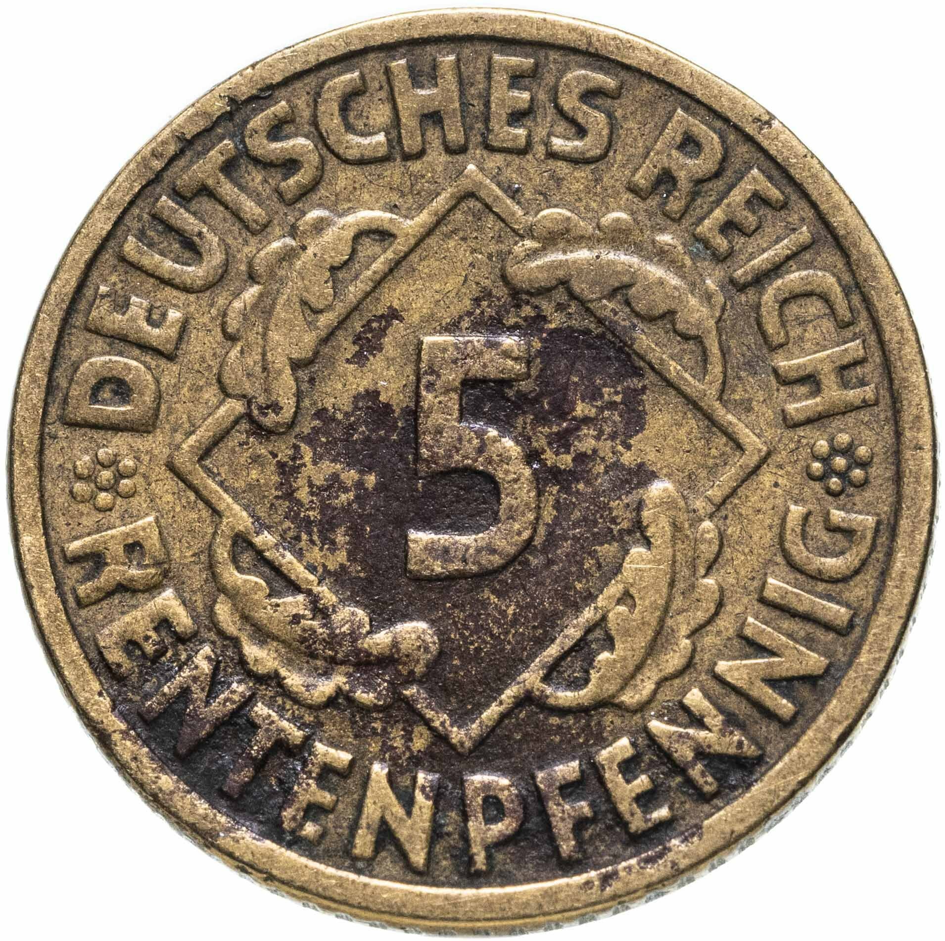 Германия 5 пфеннигов рентенпфеннигов, rentenpfennig 1924 J знак монетного двора "J" — Гамбург, Бронза, в сохранности VF-XF