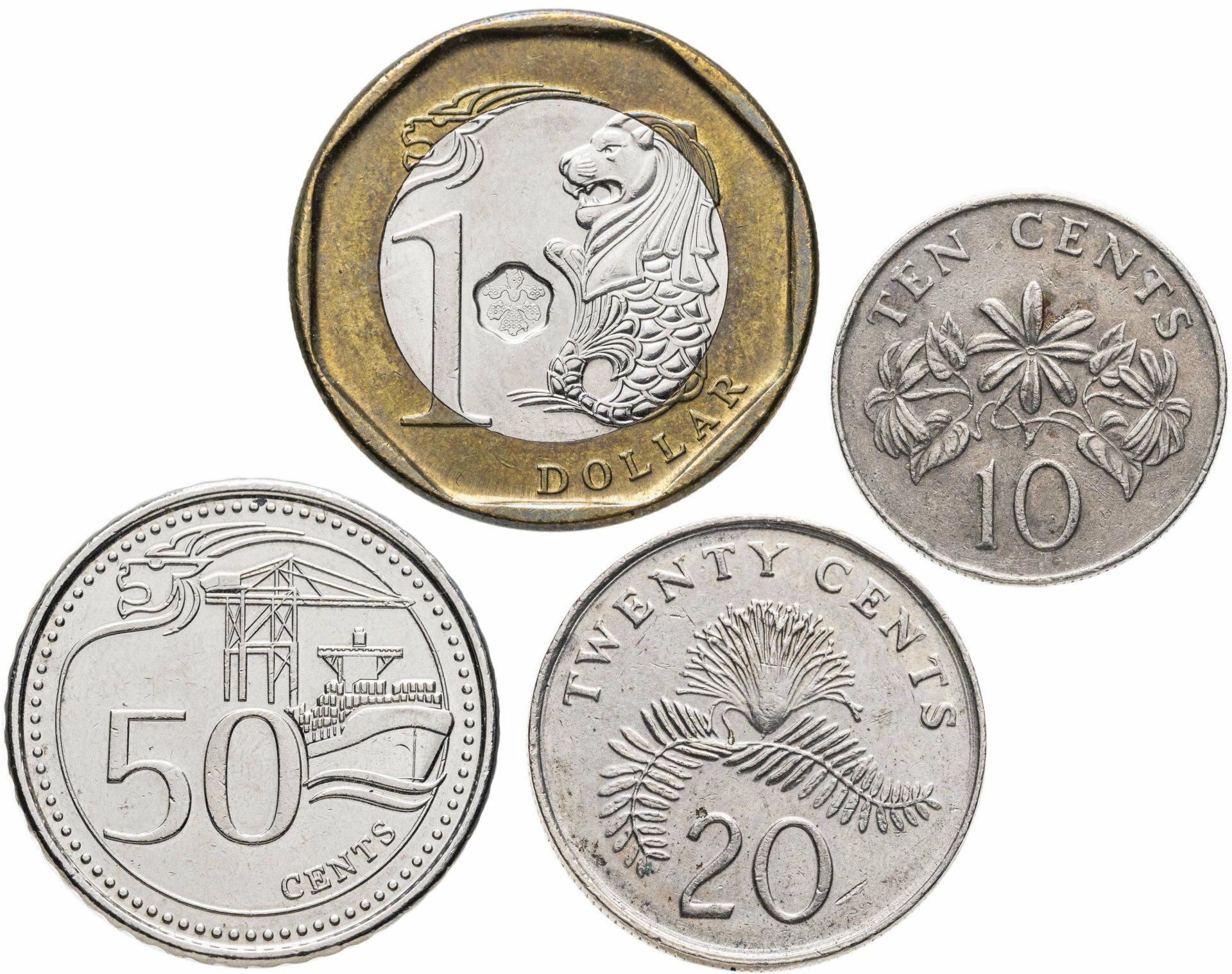 Сингапур - набор 4 шт 10, 20, 50 центов + 1 доллар 1985 - 2018, Мельхиор, сталь, биметалл, в сохранности XF-AU