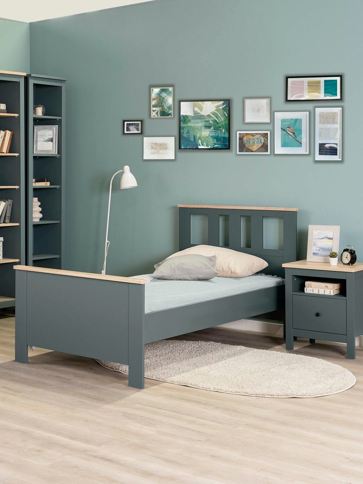 Кровать односпальная Сага, 90х200 см, темно-бирюзовая/ясень, ГУД лакк