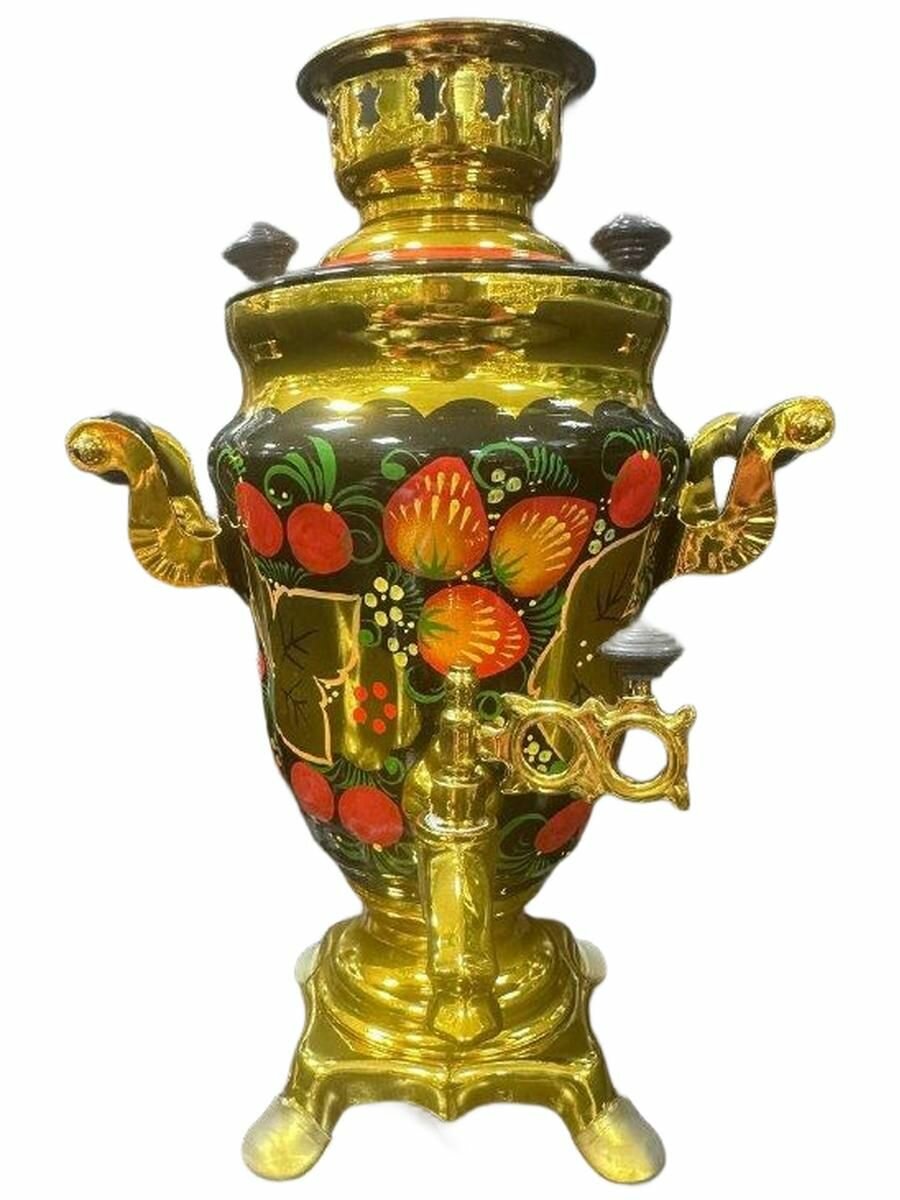 Классический латунный электрический самовар 1.5 л Хохлома, с художественной росписью ручной работ