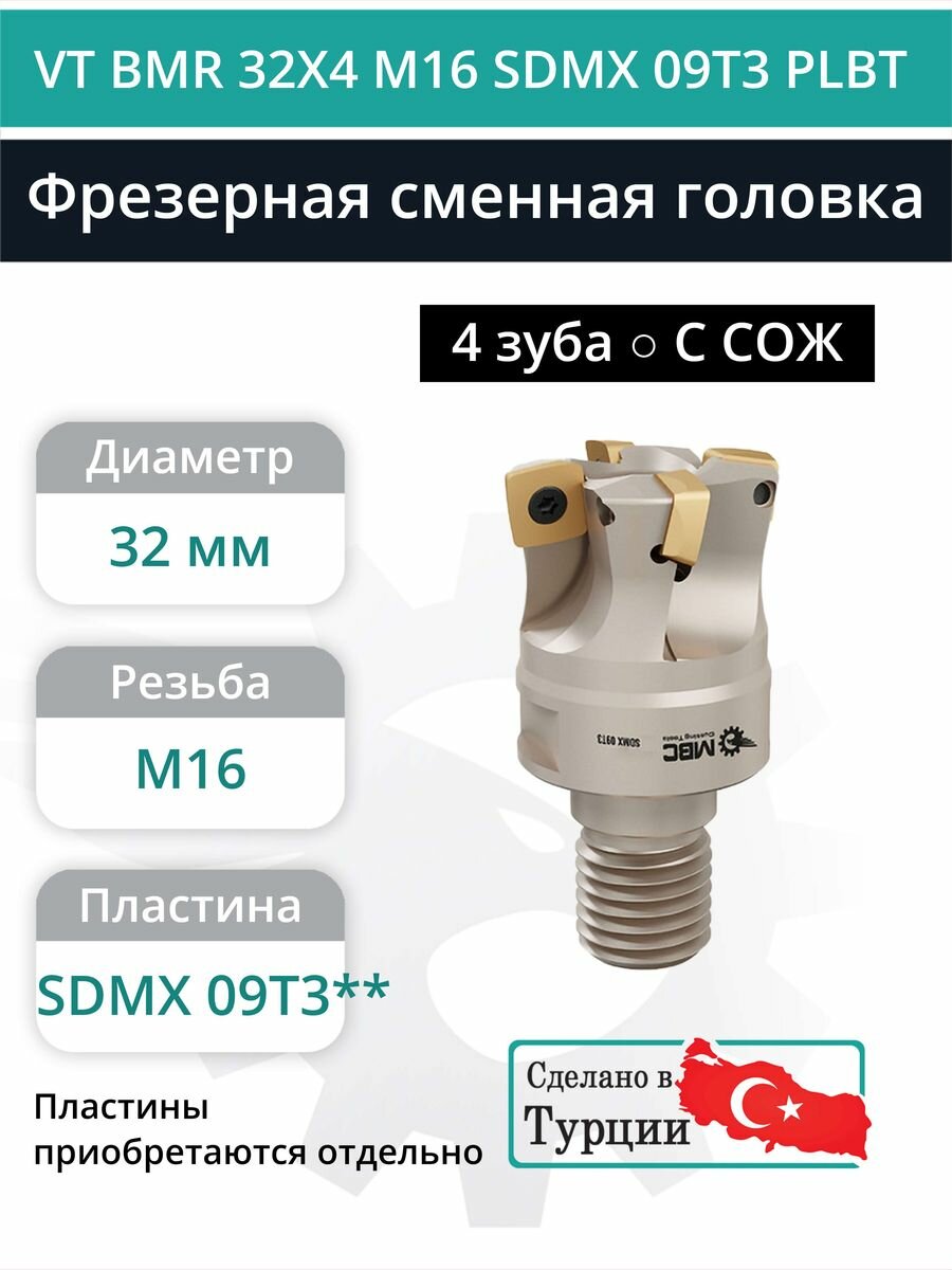 VT BMR 32X4 M16 SDMX 09T3 PLBT фрезерная сменная головка 32 мм с резьбой M16 / с СОЖ