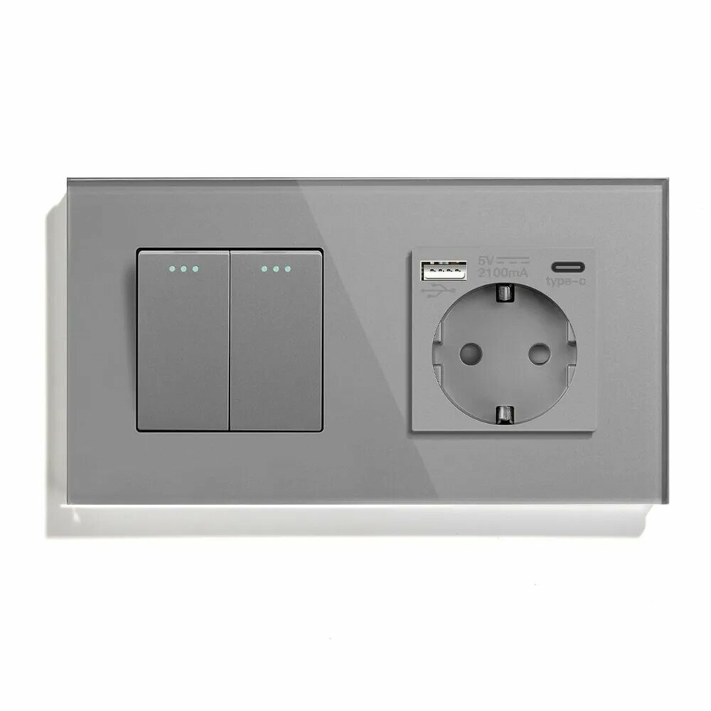Выключатель двухклавишный с розеткой ,2 клавиша, 1 розетка с USB и type-C, рамка закаленное стекло Серая