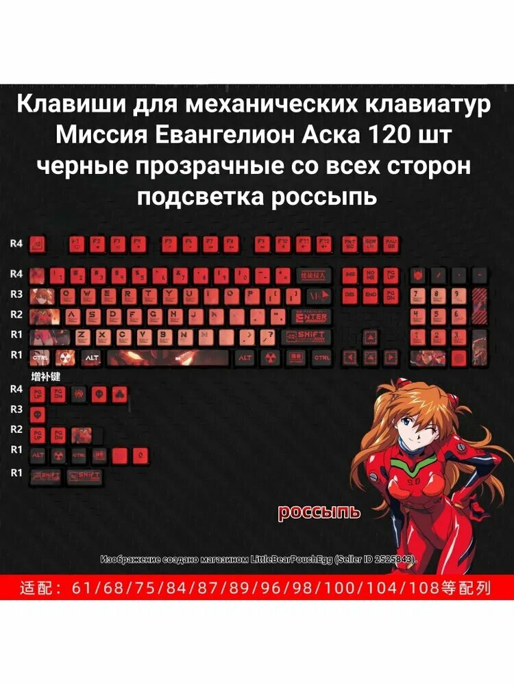 Набор клавиш для механических клавиатур Миссия Евангелион Аска 120 шт черные прозрачные со всех сторон подсветка в коробке