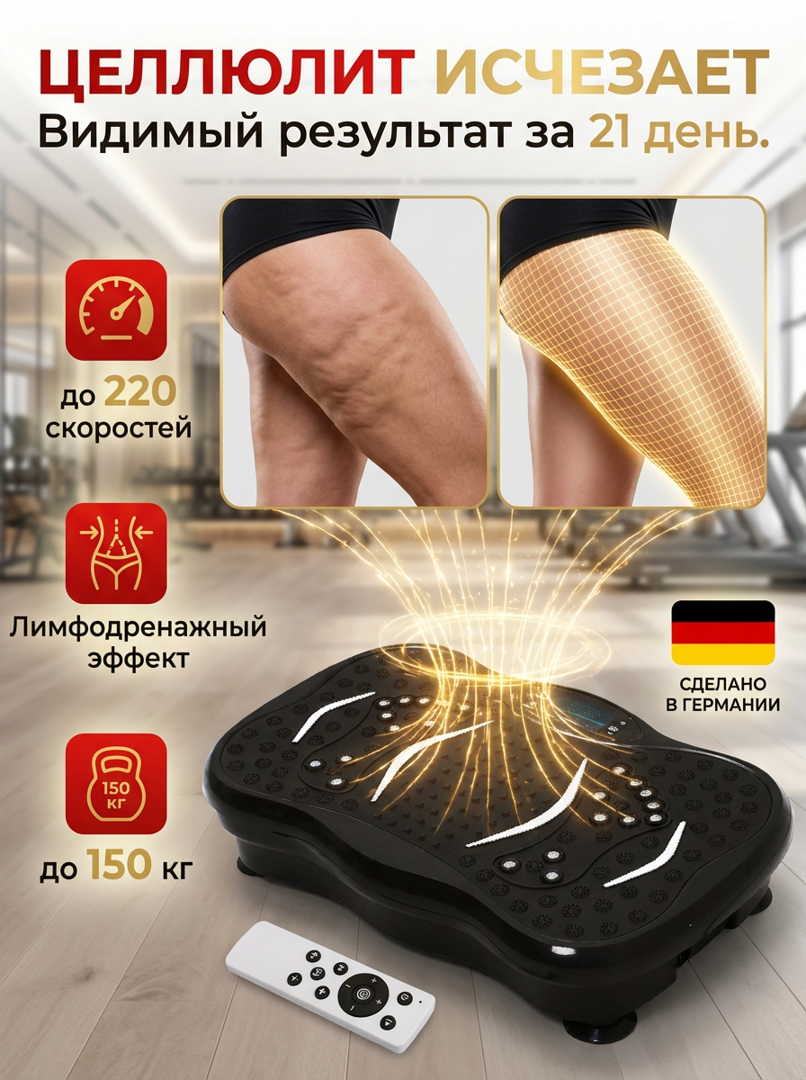 Виброплатформа для похудения 150 кг тренажер кардио степпер, пульт, чёрный, с Bluetooth