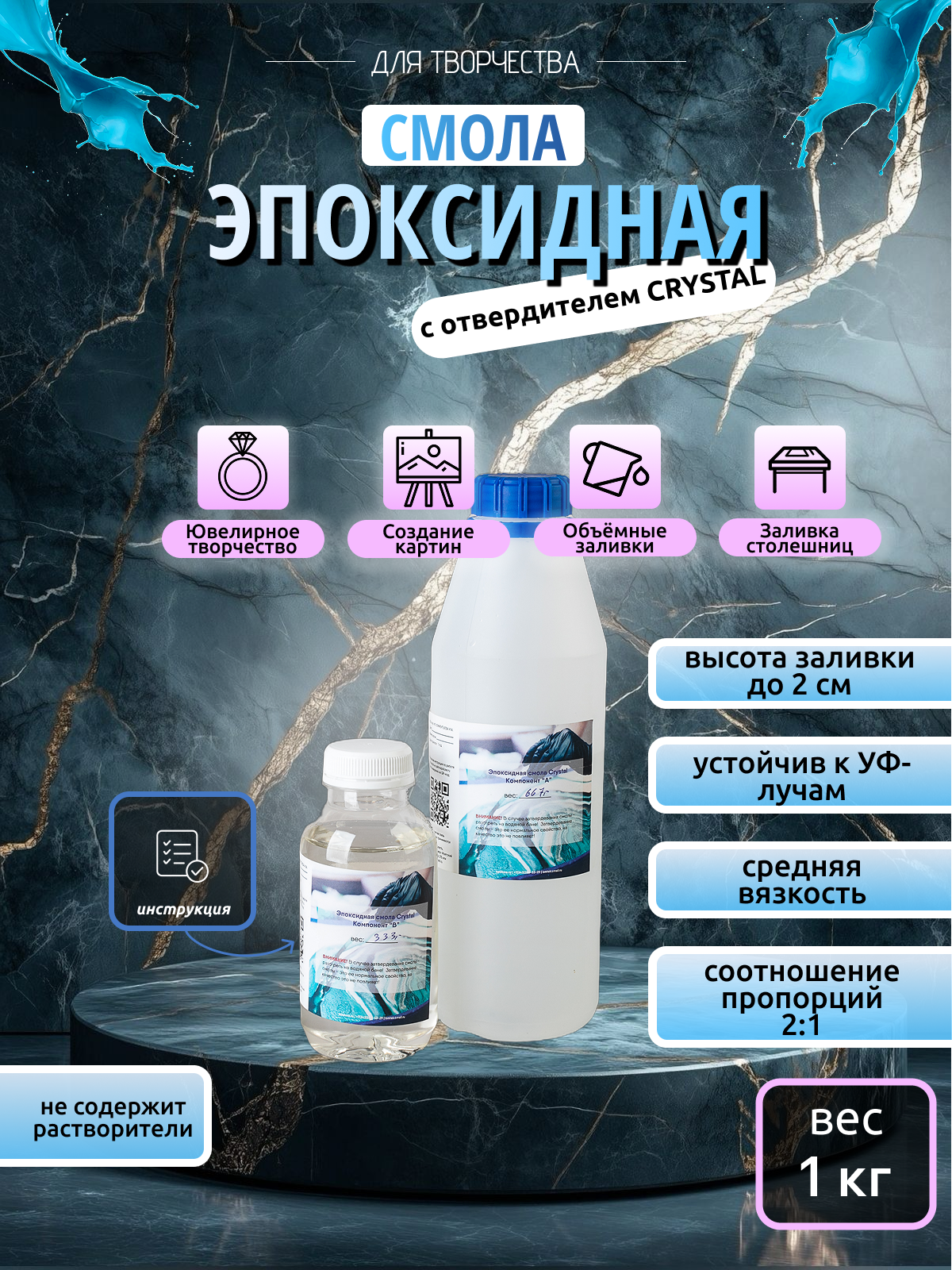 Ювелирная прозрачная эпоксидная смола для творчества EPOLUXE CRYSTAL 1 кг /1000 гр