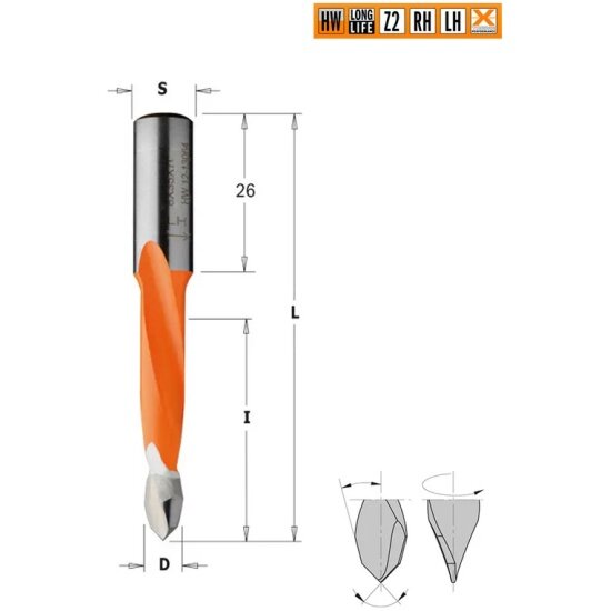 Сверло для присадочного станка Cmt HW 8x35x70 Z=2 S=10x26 LH, 314.080.42