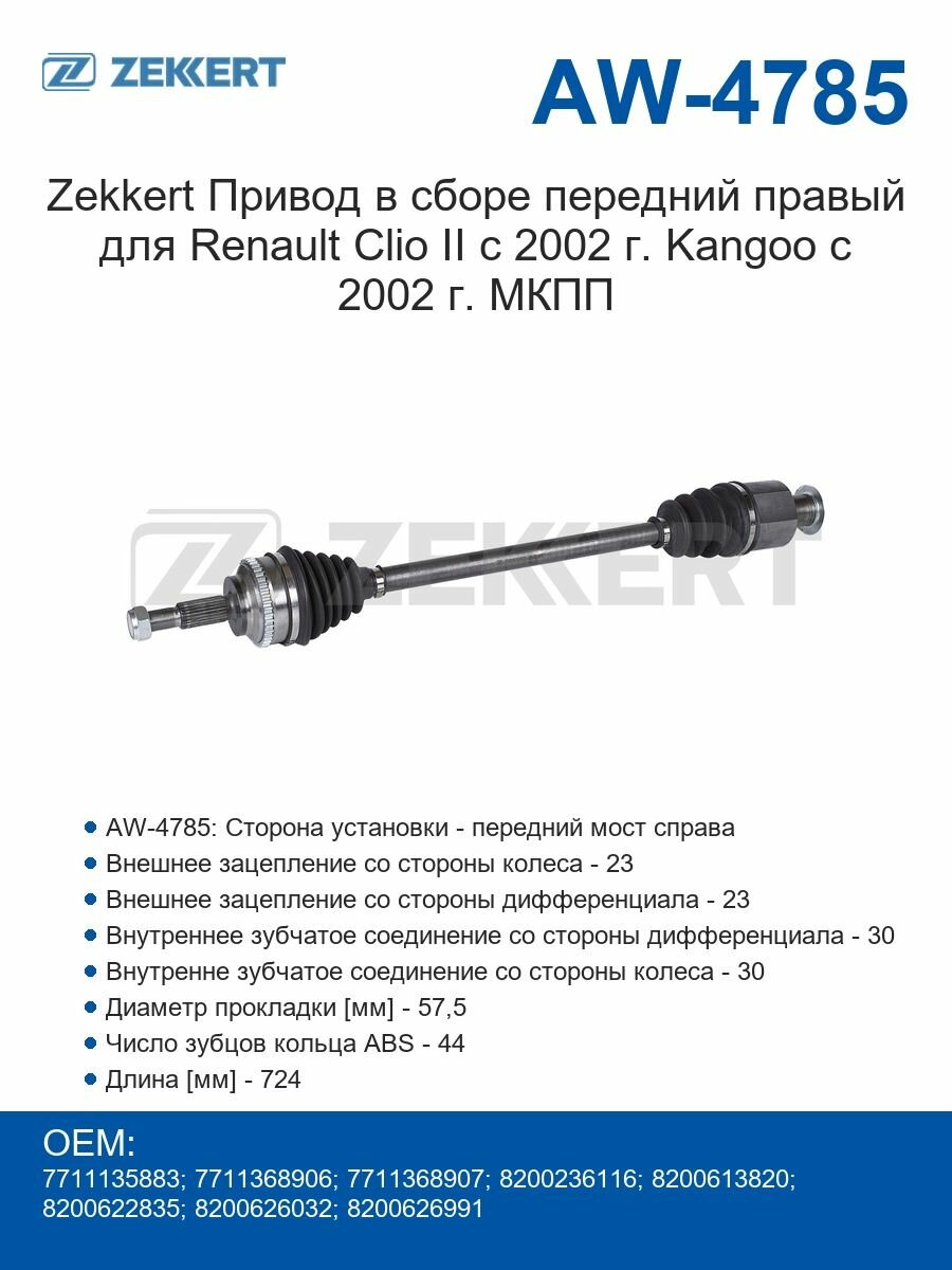 Zekkert Привод в сборе передний правый для Renault Clio II с 2002 г. Kangoo с 2002 г. МКПП
