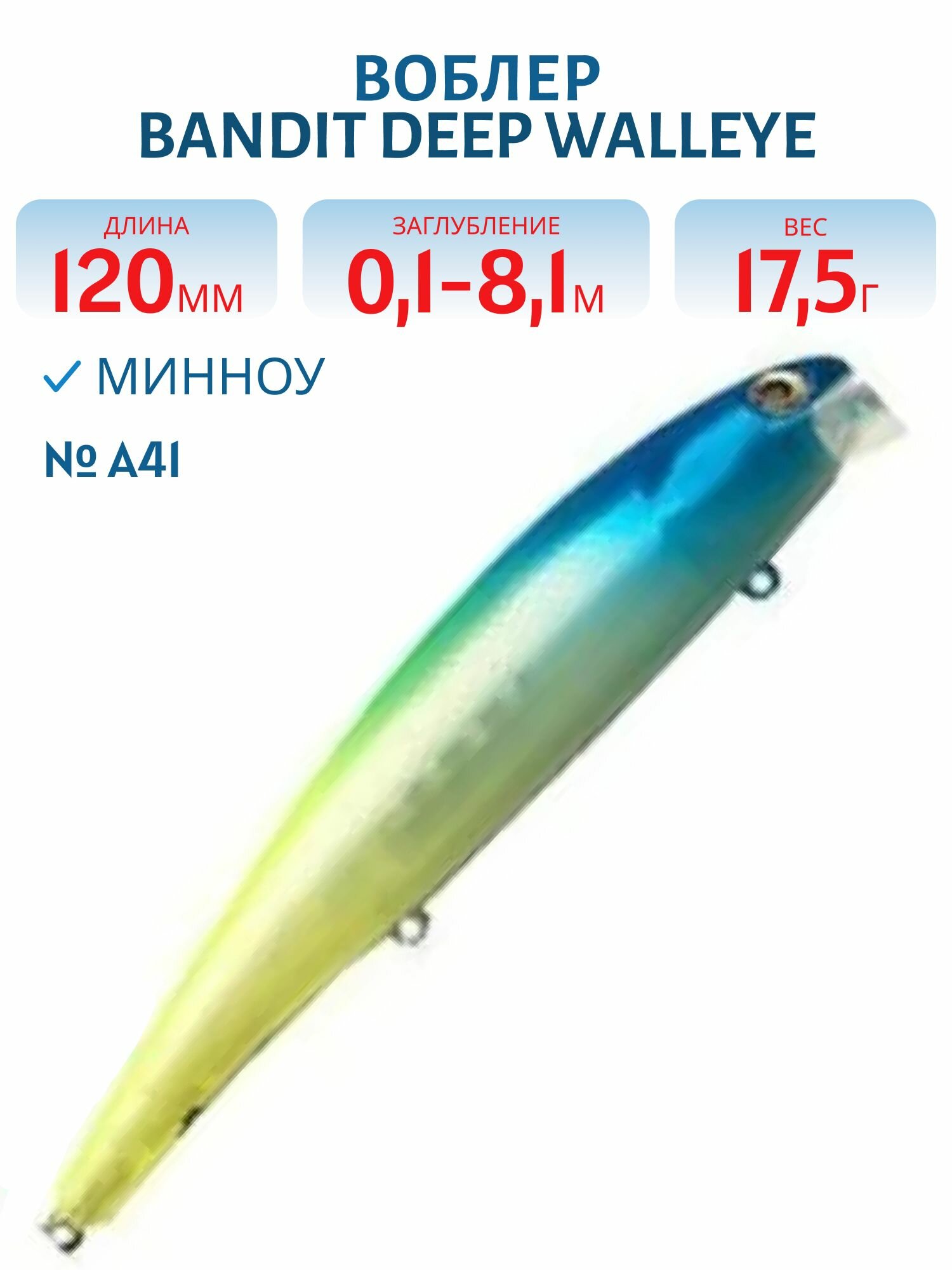 Воблер BANDIT DEEP WALLEYE, 120 мм, 17,5 гр, цвет A41