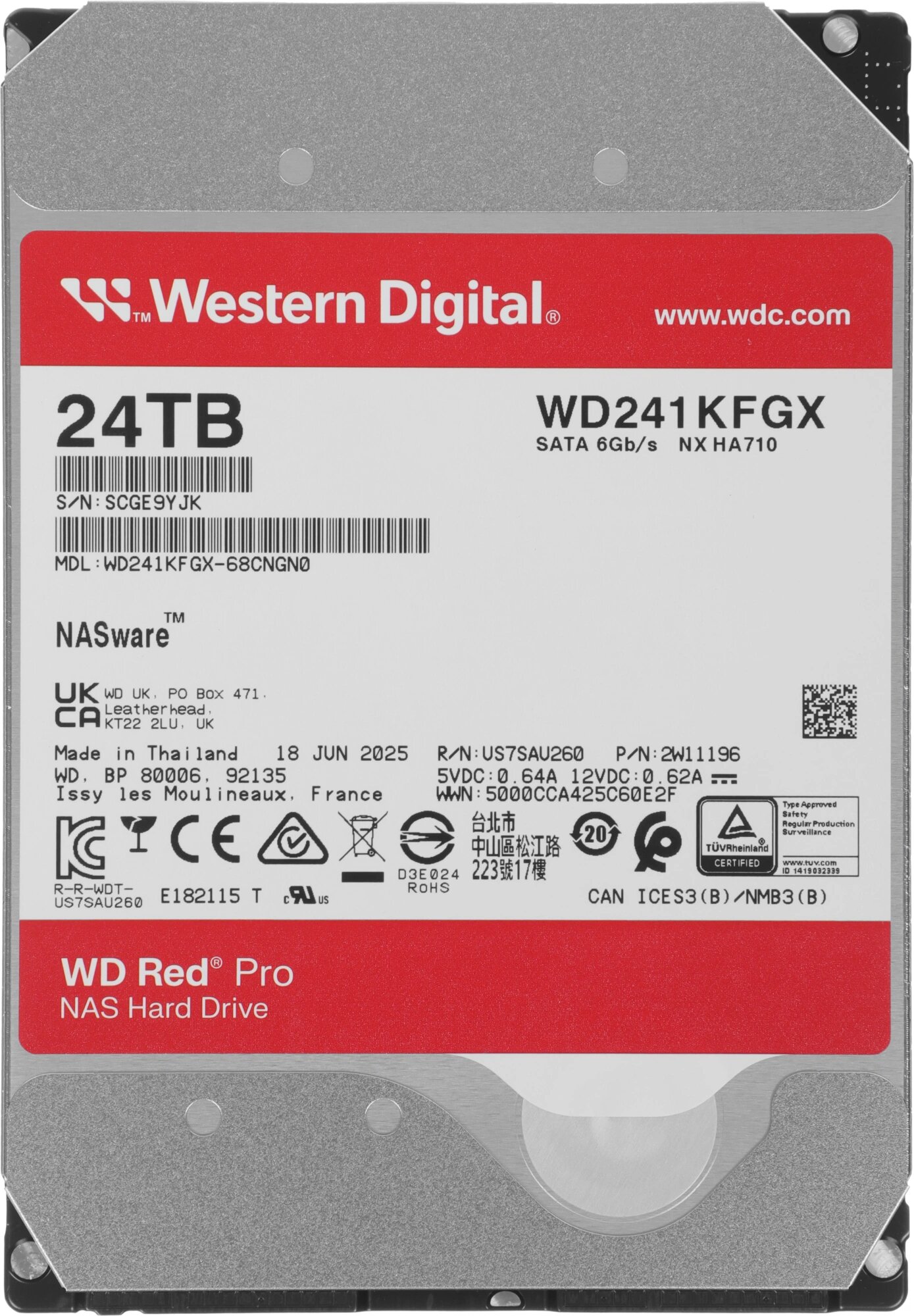 Жесткий диск WD SATA-III 24TB WD241KFGX NAS Red Pro (7200rpm) 512Mb 3.5"