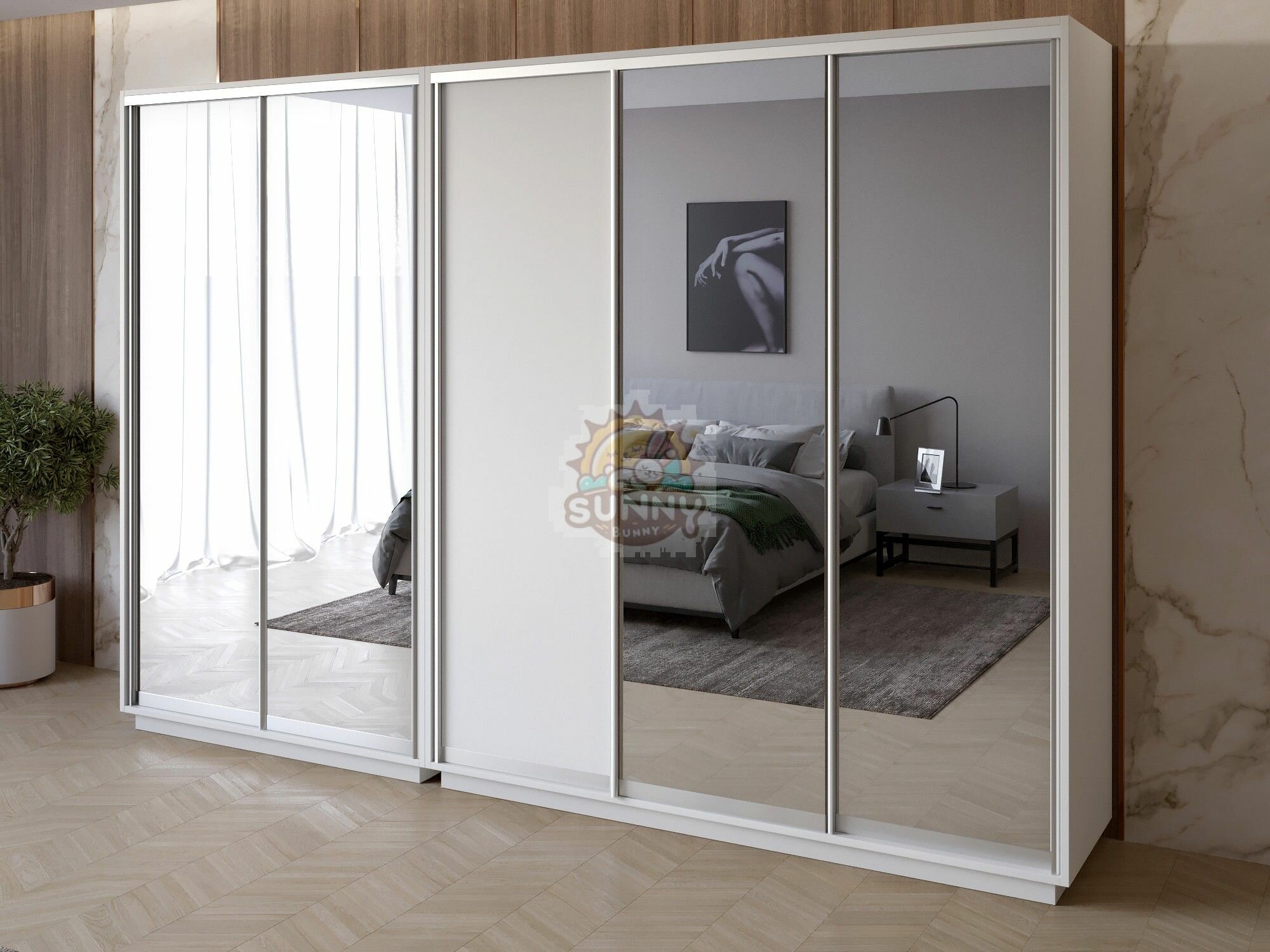 Шкаф-купе Вилли 5-ти дверный модульный (2+3) ЛДСП-1/Зеркало-4, профиль серебро, 300х60х240 см. Белый снег