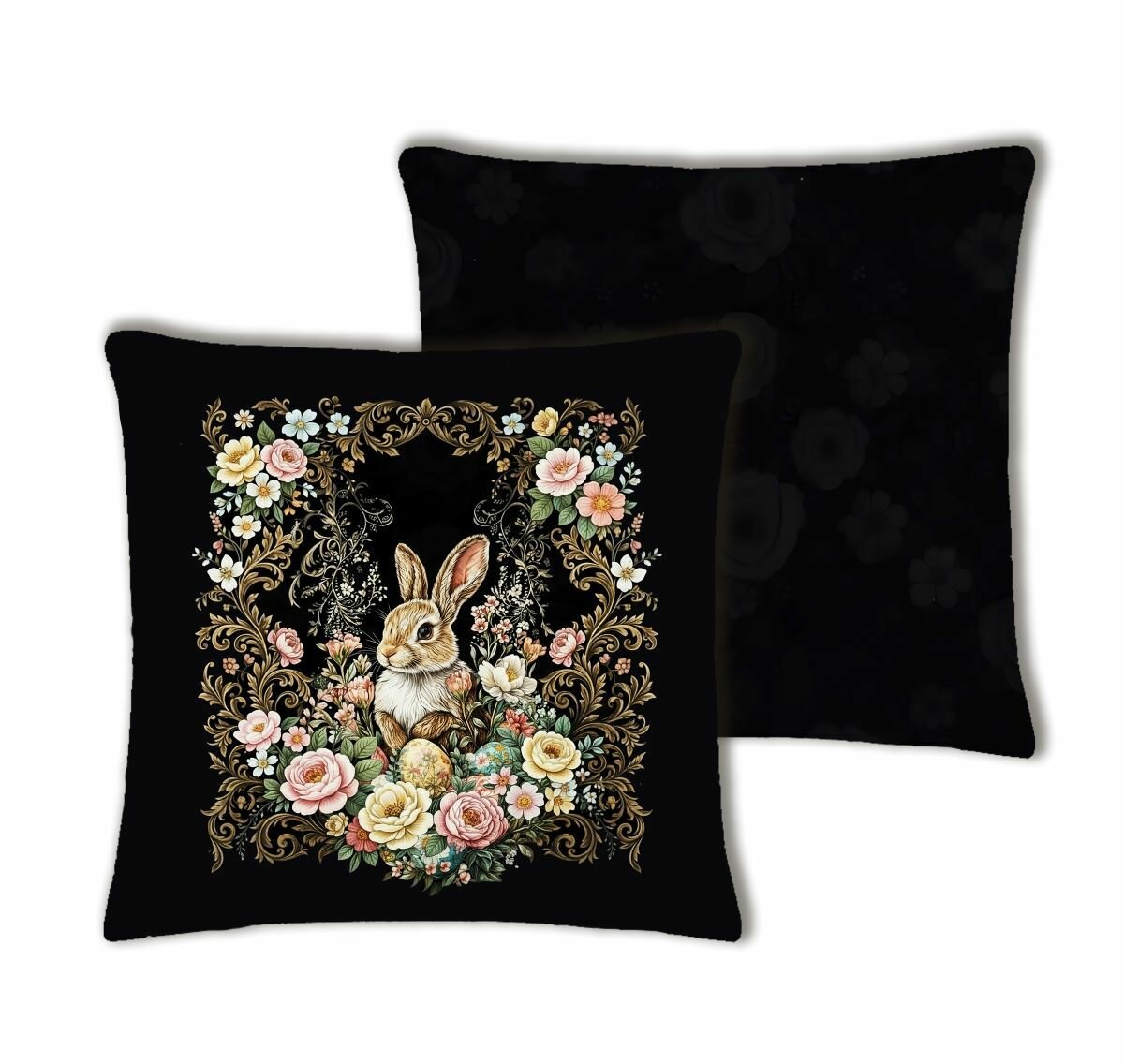 Чехол для подушки Пасхальный кролик, цветочный букет на черном 40х40 велюр рисунок с двух сторон