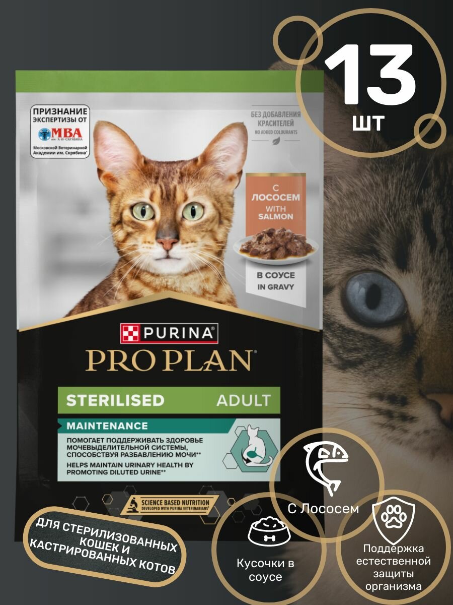 PRO PLAN Sterilised MAINTENANCE Влажный корм для взрослых стерилизованных кошек, с лососем в соусе (комплект из 13 пачек)