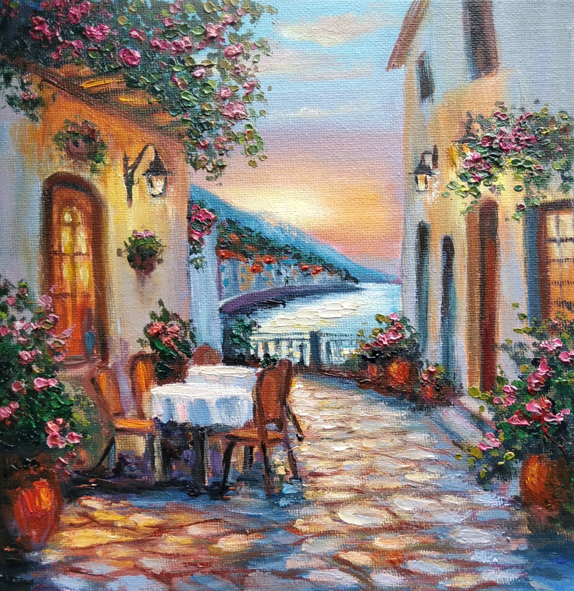 Картина Маслом Холст на Картоне Размеры 20 на 20 см Пейзаж Южный Городок Летнее Кафе