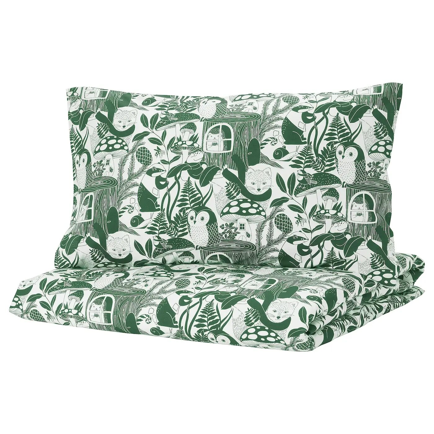 Чехол для пледа и подушка SKOGSDUVA, белый зеленый/лесной узор, 150x200/50x80 см