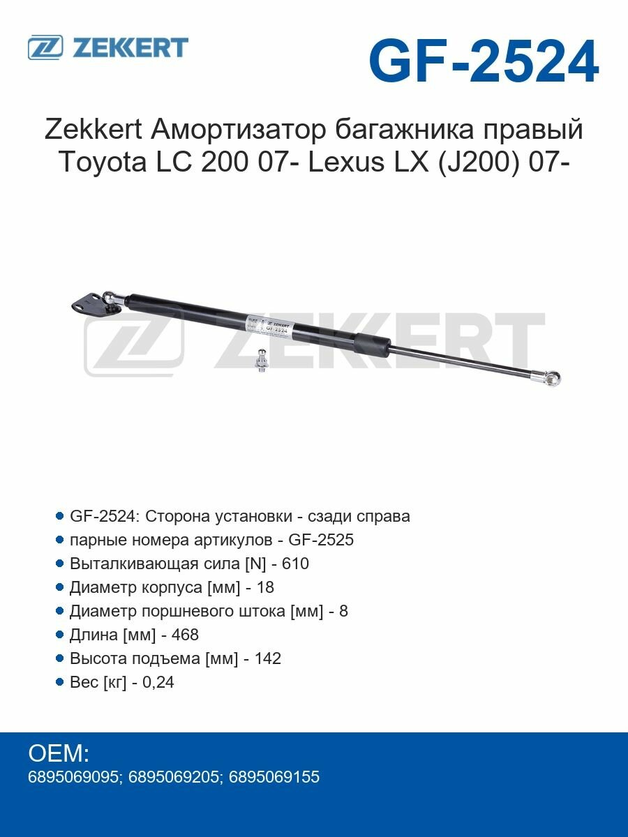 Zekkert Амортизатор багажника правый Toyota LC 200 07- Lexus LX (J200) 07-