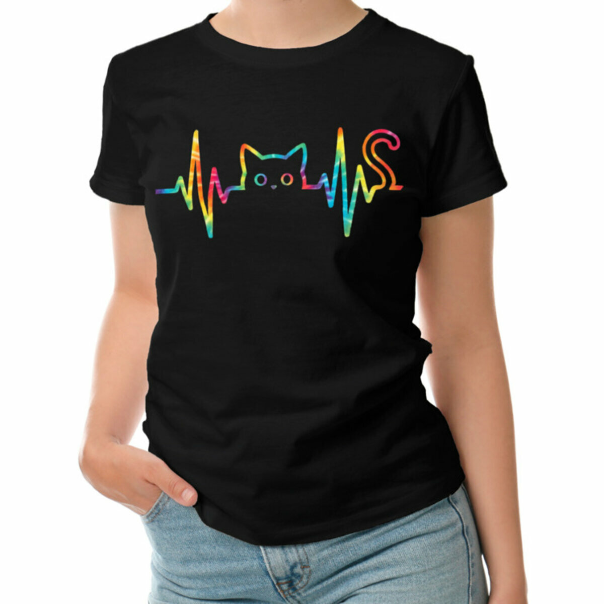 Женская футболка «Неоновый пульс с силуэтом кота» (черный, L)
