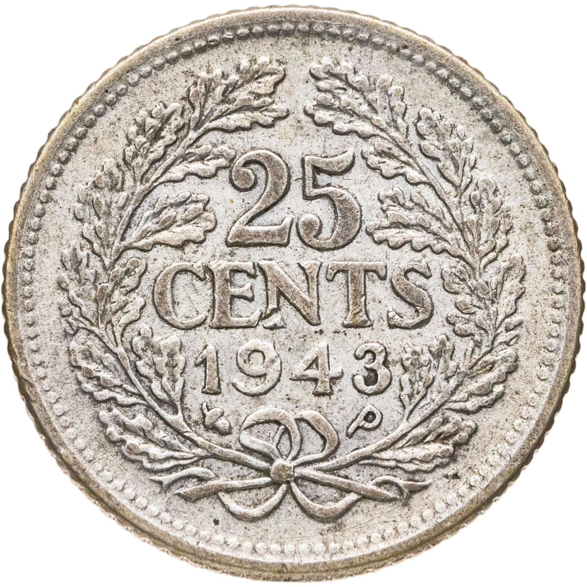 Нидерланды 25 центов cents 1943 Портрет на аверсе /Серебро/, в сохранности VF