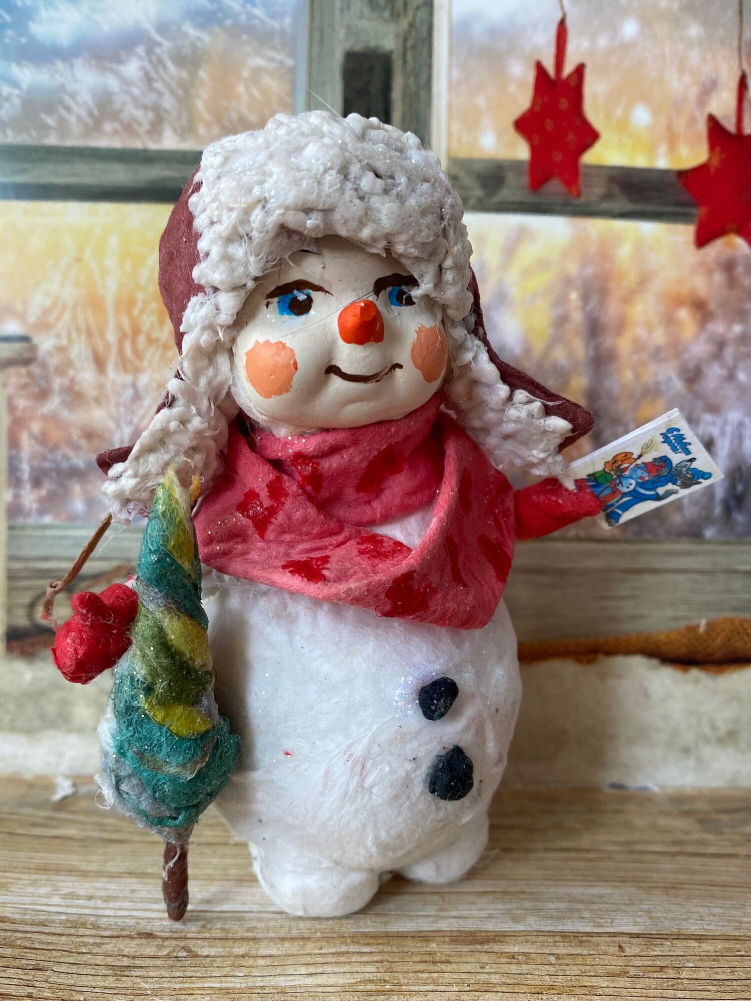 Ватная елочная игрушка Снеговик Сердце.