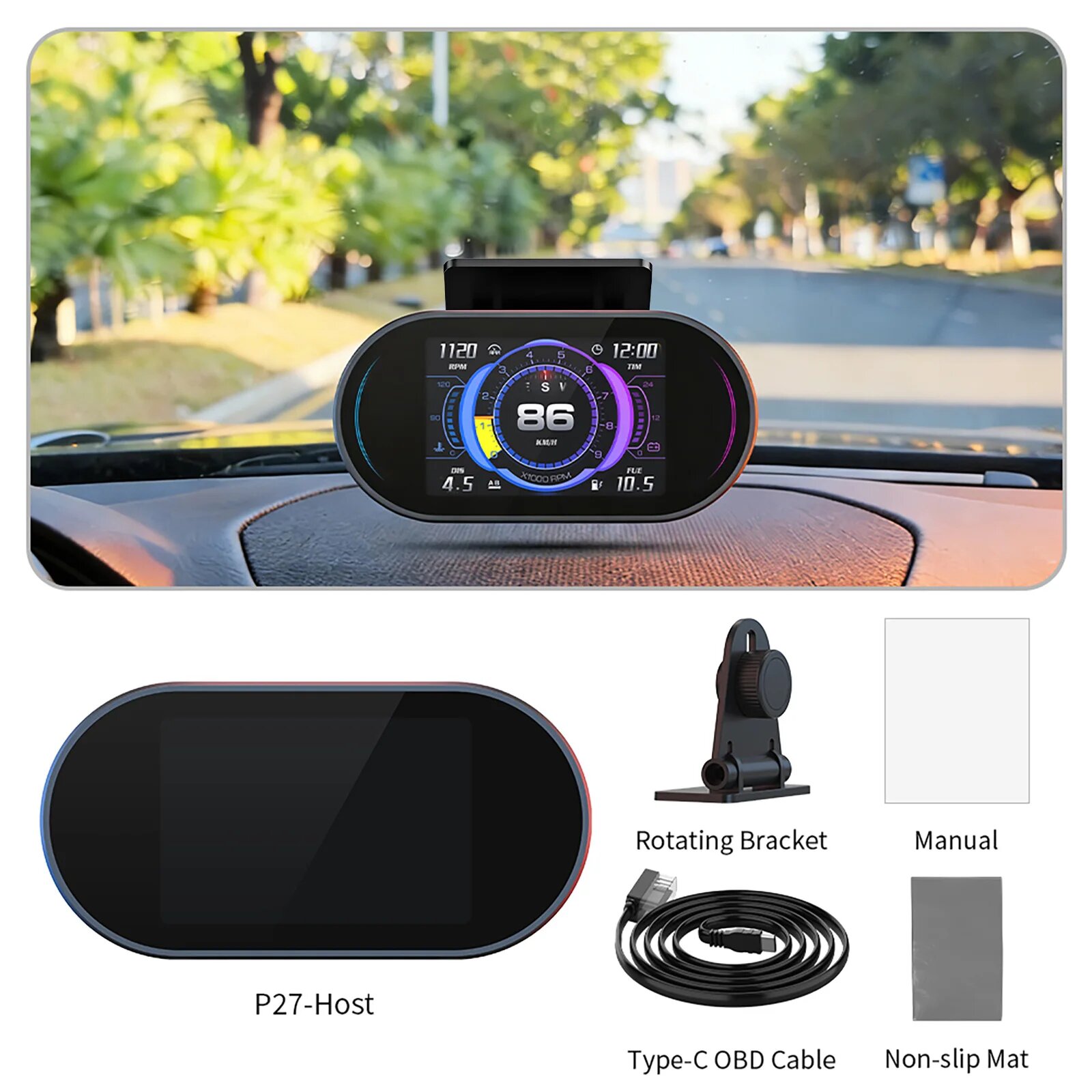 Новый бортовой компьютерный автомобиль Obd2 P27 Hud Trip Дисплей Температура воды и масла Расход топлива Авто электронные аксессуары GPS Датчик скорости