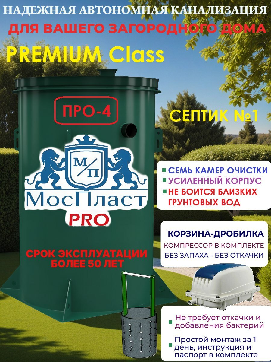 Септик MosPlast PRO-4, для 4 пользователей, без запаха, без откачки