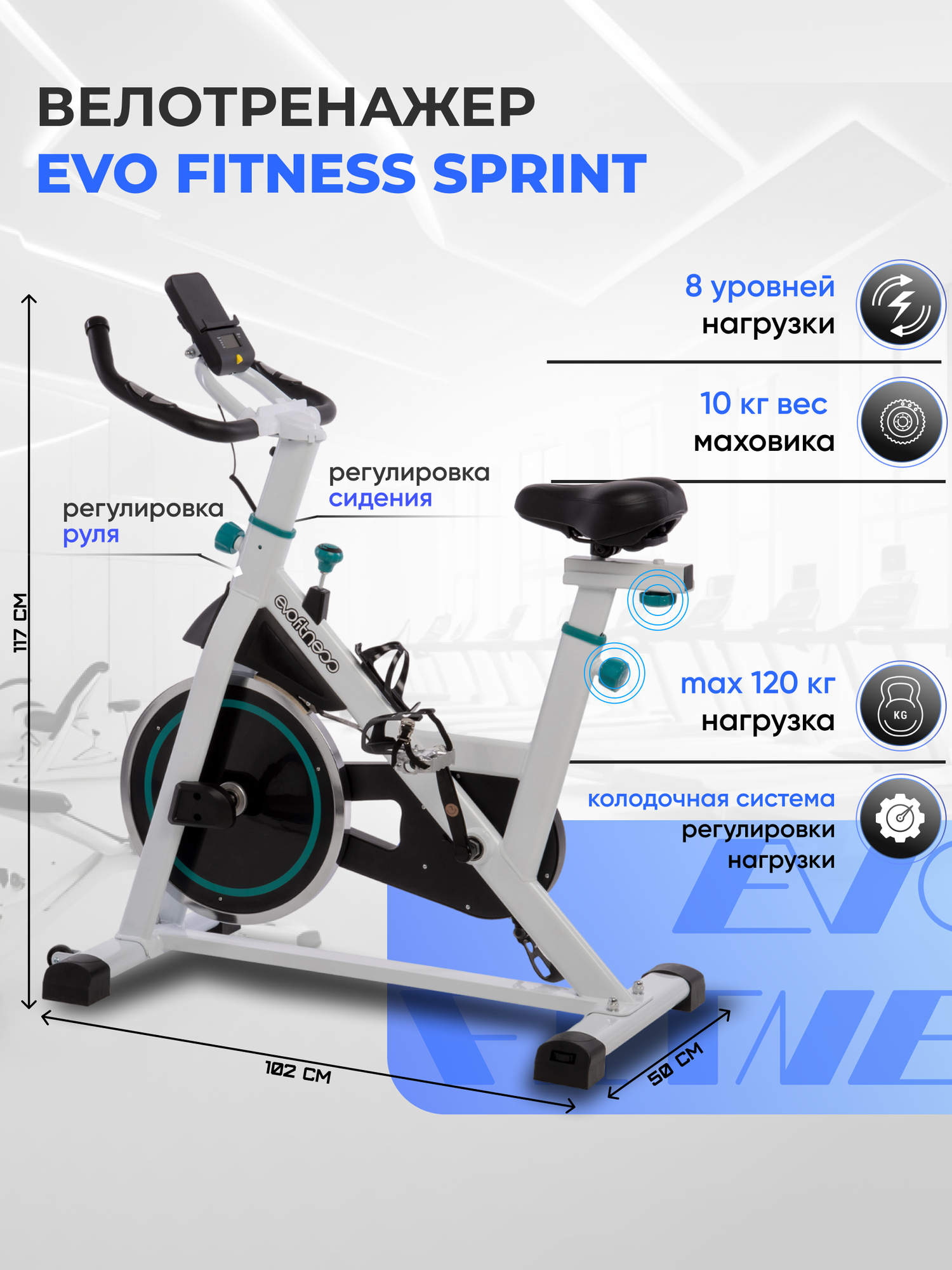 Спин-байк EVO FITNESS Sprint, колодочный, для дома, до 120 кг