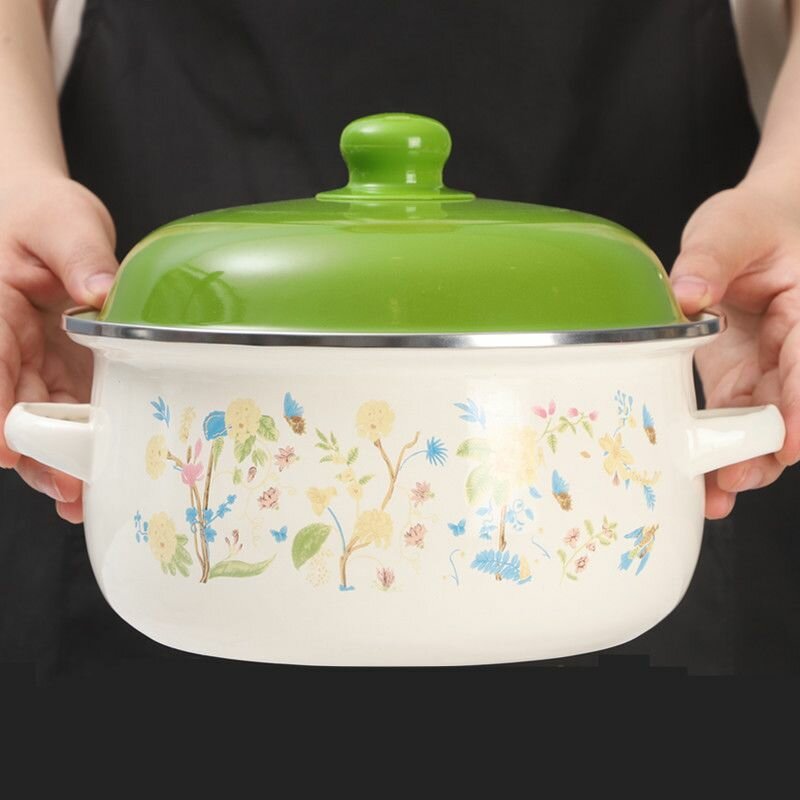 Аутентичный эмалированный горшок, эмалированный суповой горшок, горячий масляный маленький горшок, горшок с двумя ручками, горшок для тушенки, горшок для лапши быстрого приготовления, горшок для сала с крышкой для газа