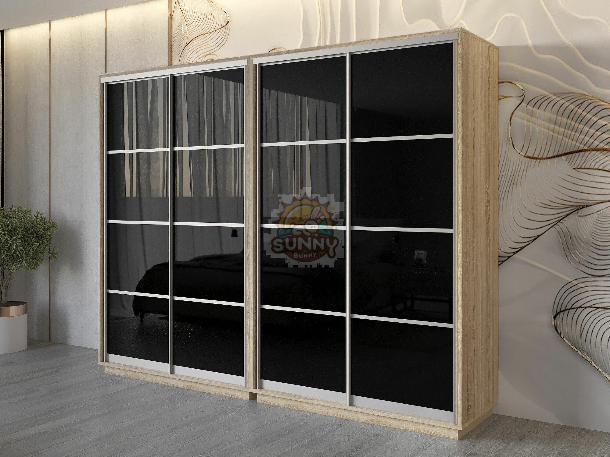 Шкаф-купе Флорида 4дв. (2+2) Стекло черное, профиль серебро, 280х60х220 см. Сонома