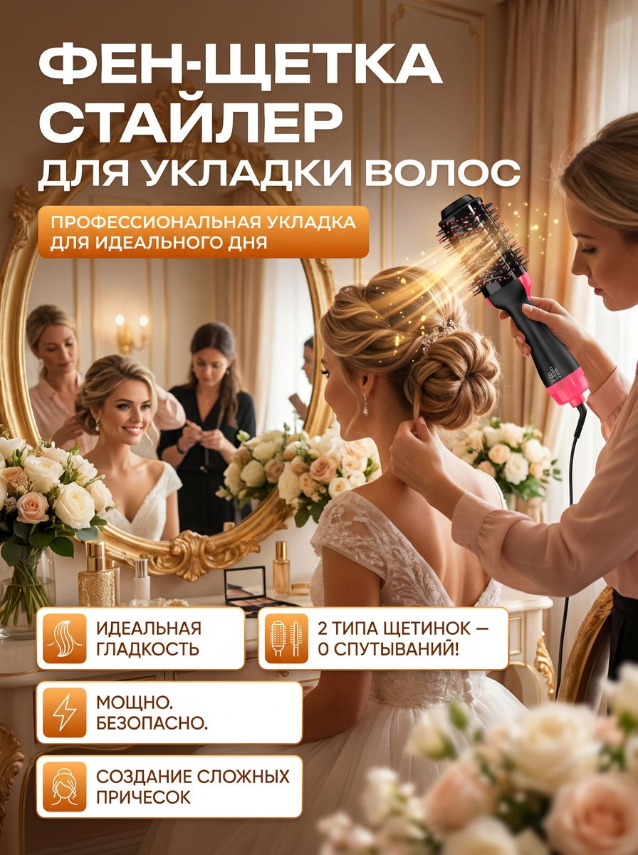 Фен-щетка для волос 3 в 1, Термощетка, Выпрямитель для волос, Стайлер, Расческа