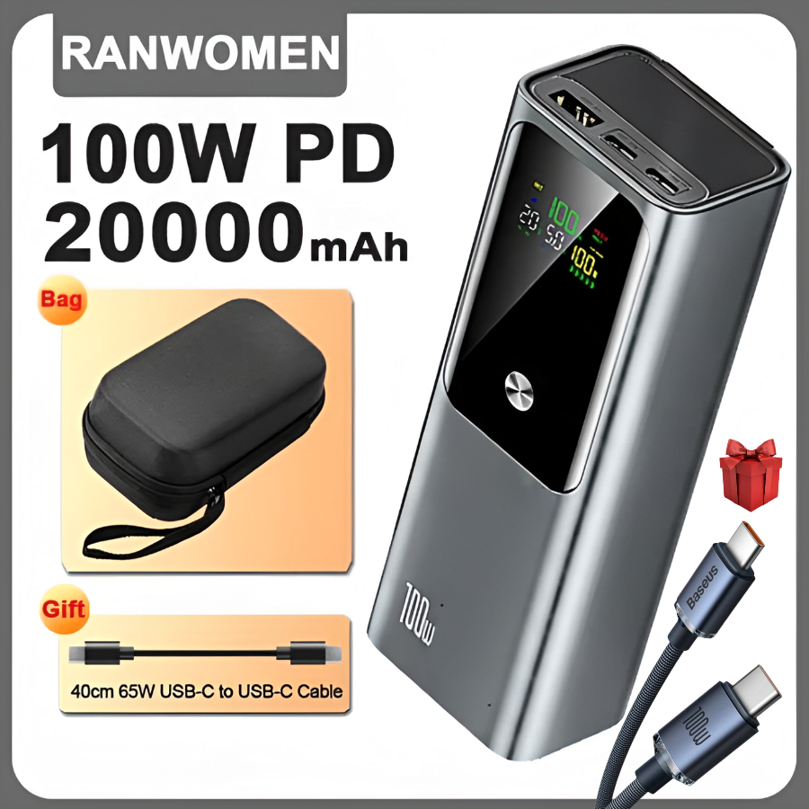 Внешний аккумулятор PowerBank 100Вт с быстрой зарядкой PD 3.1 20000 мАч Ranwomen + Чехол + Кабель 100Вт, Гарантия