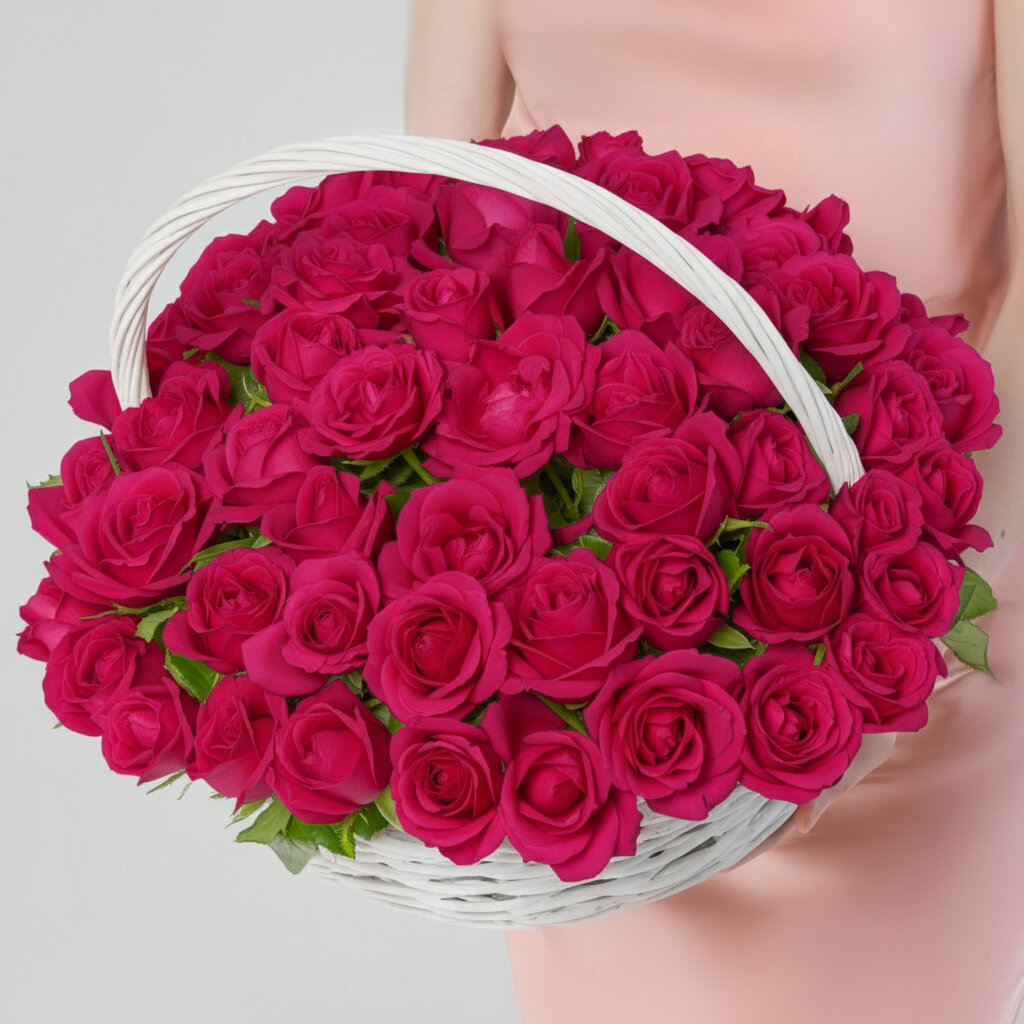 Букет Мегацвет24 "Шангри Ла", 51 малиновая роза, сборка в корзине