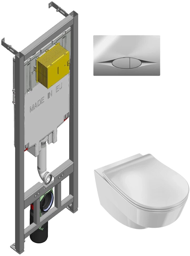 Комплект инсталляция с унитазом Jacob Delafon E21822-CP с кнопкой смыва, хром + унитаз подвесной Jacob Delafon Odeon Rive Gauche EDR102-00 + E24889-00 безободковый, с сиденьем микролифт, белый