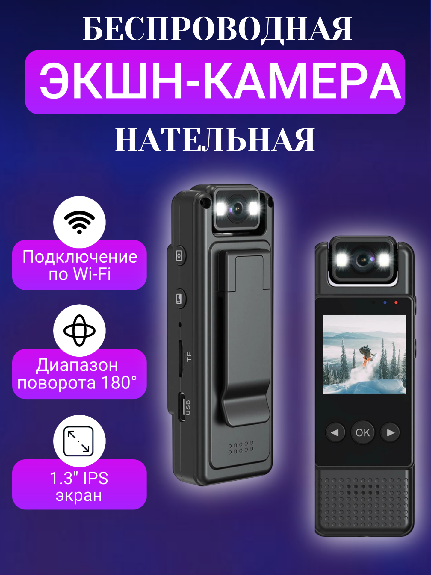 Экшн камера видеонаблюдения нательная, нательная камера для скрытого наблюдения, 1080P с Wi-Fi, черная