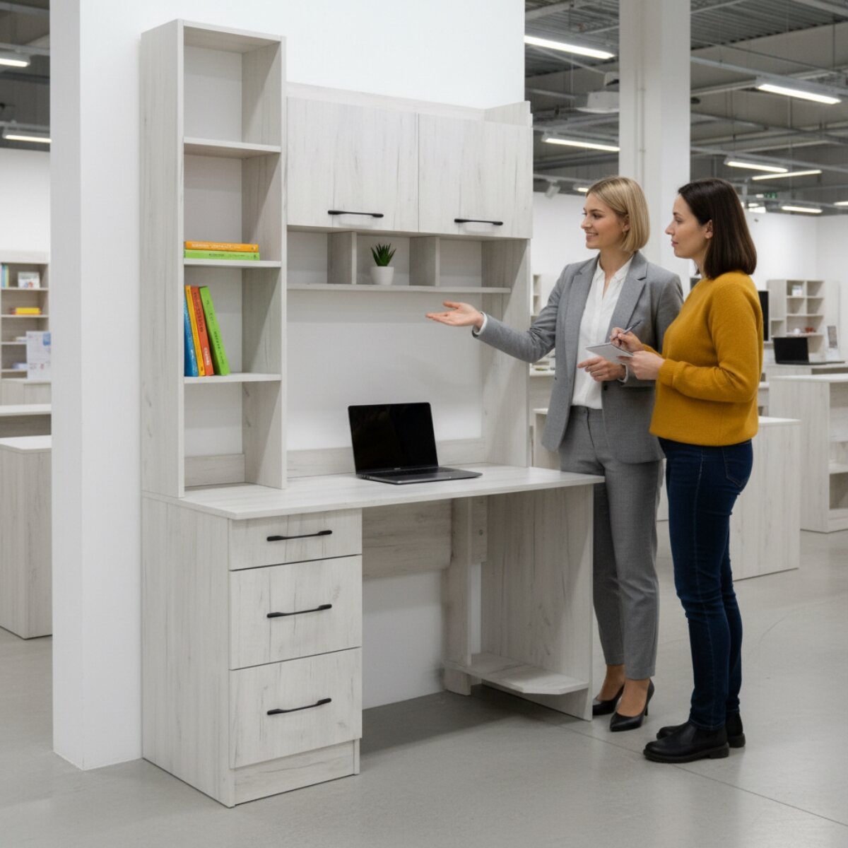 Стол компьютерный письменный Памир ПКС-5 с пеналом, полкой надстройкой и выдвижными ящиками, Крафт белый