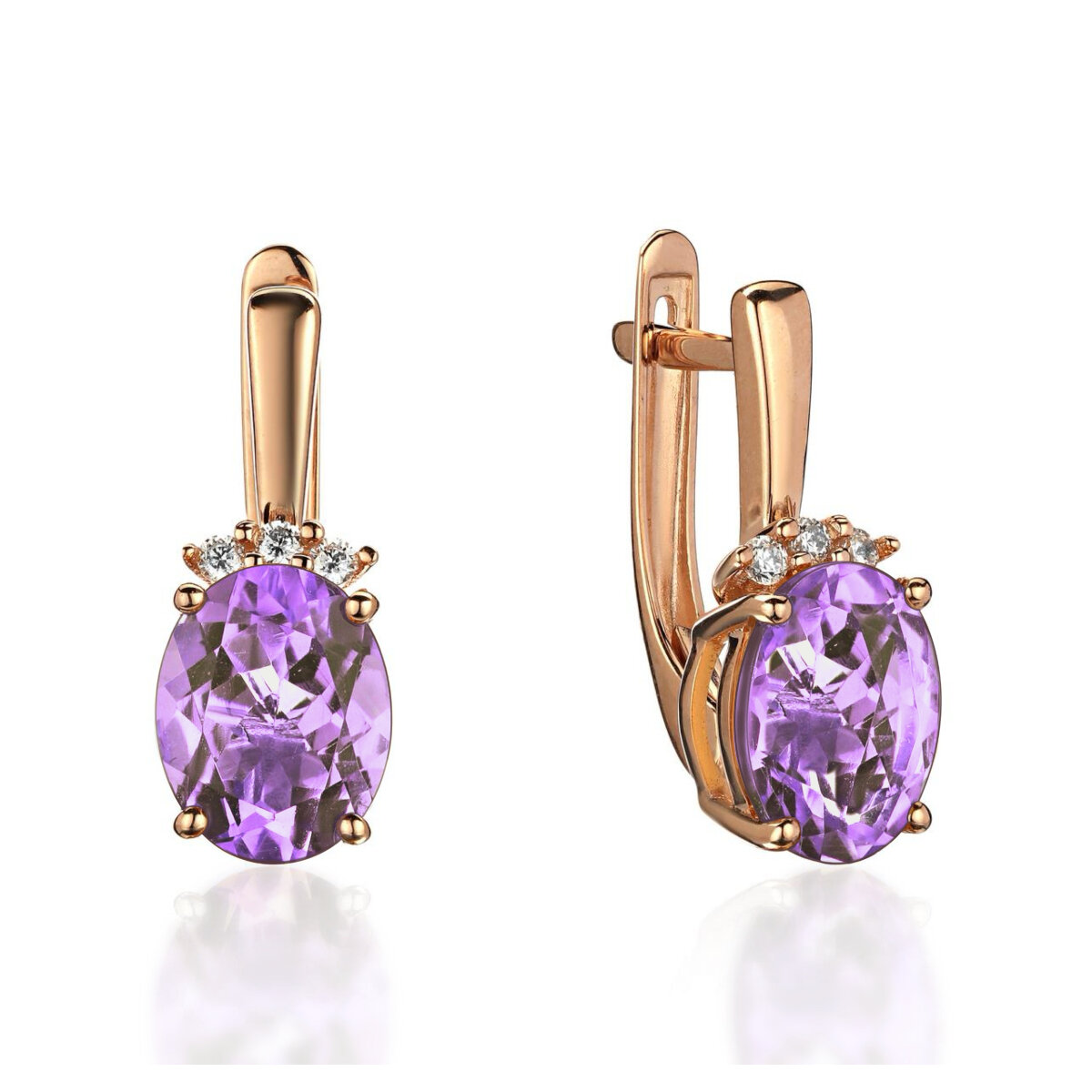 Серьги, красное золото, 585 проба, аметист, фианит