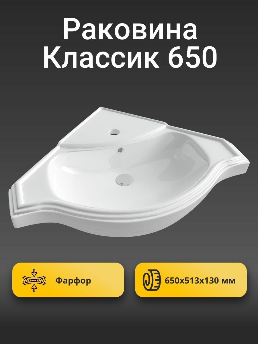 Kirovit Мебельная раковина для ванной из фарфора, угловая Классик 650, белая