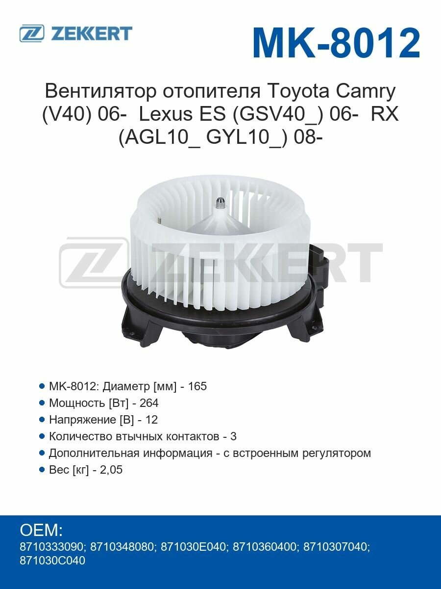 Zekkert Вентилятор отопителя Toyota Camry (V40) 06- Lexus ES (GSV40_) 06- RX (AGL10_ GYL10_) 08-