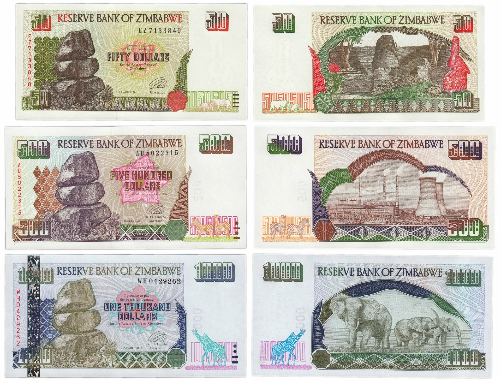 Зимбабве набор из 3 банкнот 50, 500, 1000 долларов 1994-2003