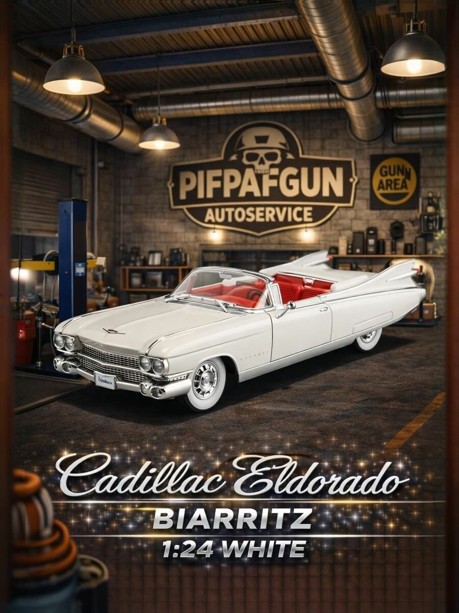 Машинка металлическая Cadillac Eldorado Biarritz 1959 1:24, белая, инерционная двери/капот/багажник открываются, свет и звук, поворотные передние колёса, 3+