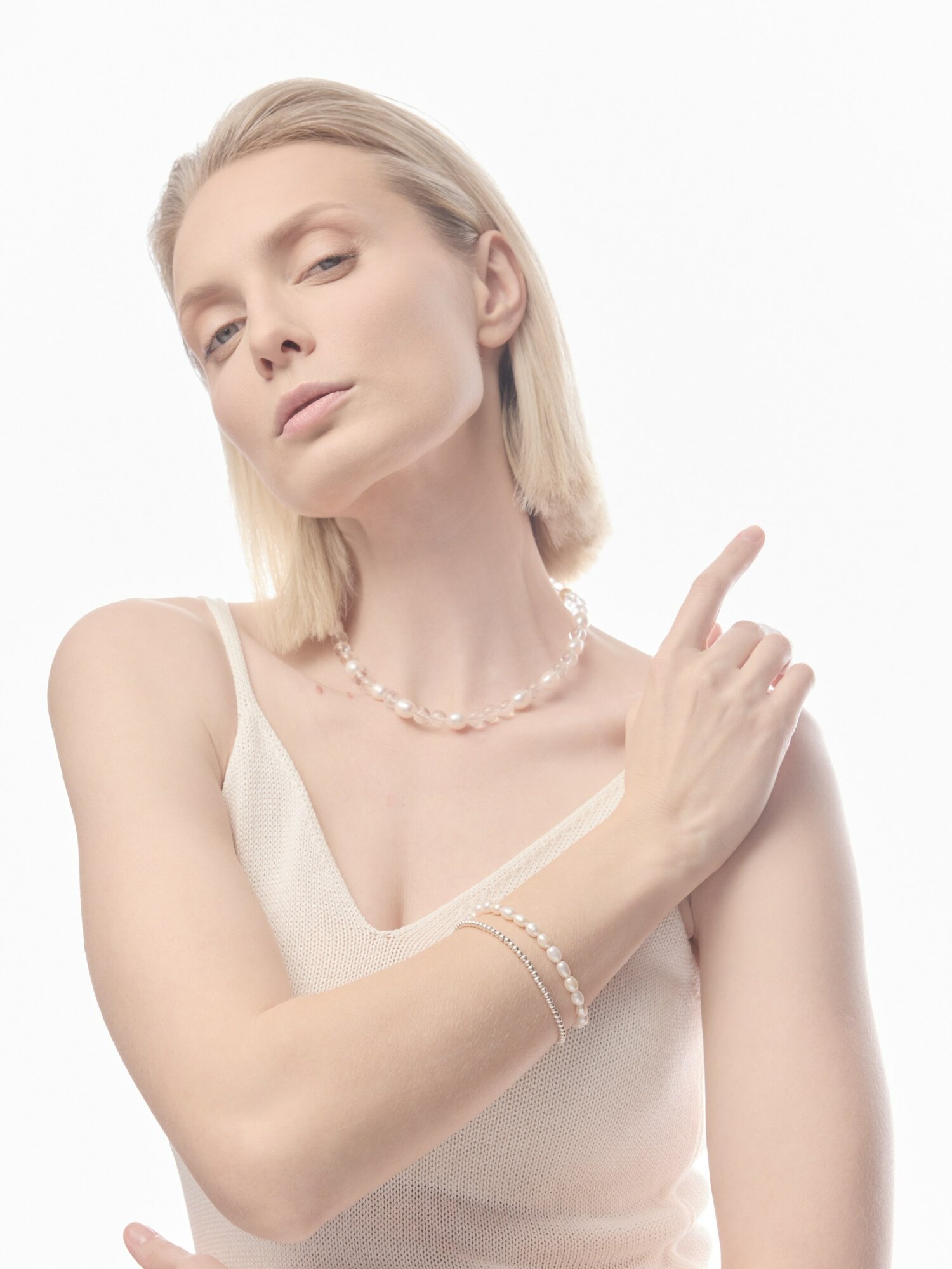 Бусы TAKE FIVE JEWELRY, горный хрусталь, жемчуг пресноводный культивированный, длина 40 см, белый в серебре — фото 1