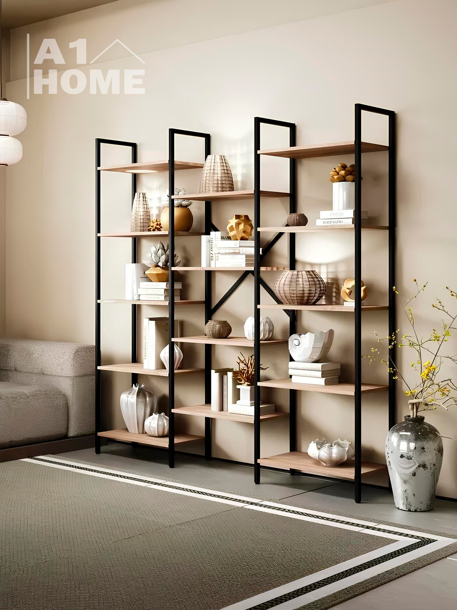 Стеллаж напольный Лофт BRENDON для гостиной и прихожей Дуб Сонома 175х170х34 см LOFT