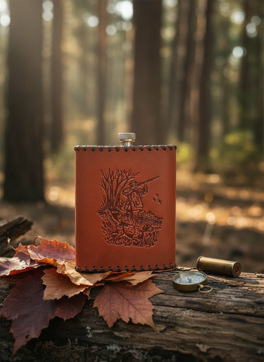Фляга походная Охота на уток (из натуральной кожи)