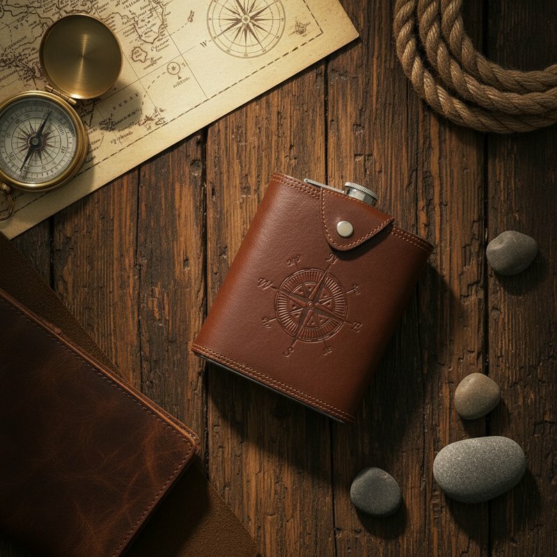 Фляга походная Стороны света (из натуральной кожи)