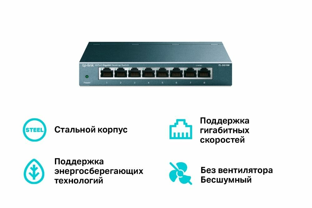 Коммутатор TP-Link TL-SG108 гигабитный неуправляемый, 8xRJ45 1Гбит/с, с поддержкой автосогласования и авто-MDI/MDI