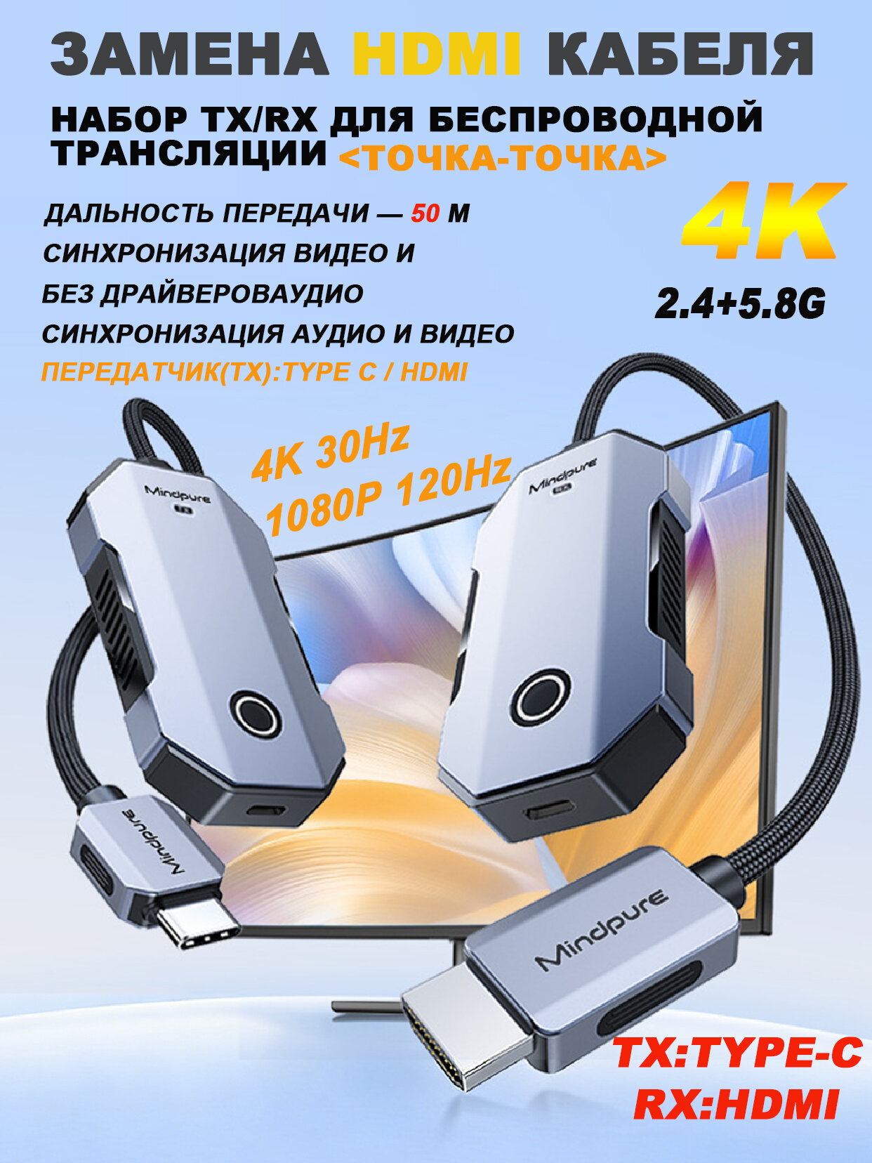 Беспроводной комплект для трансляции экрана 4K 30Гц точка-точка 50м, передатчик+приёмник HDMI/Type-C для телефона, ноутбука, ПК
