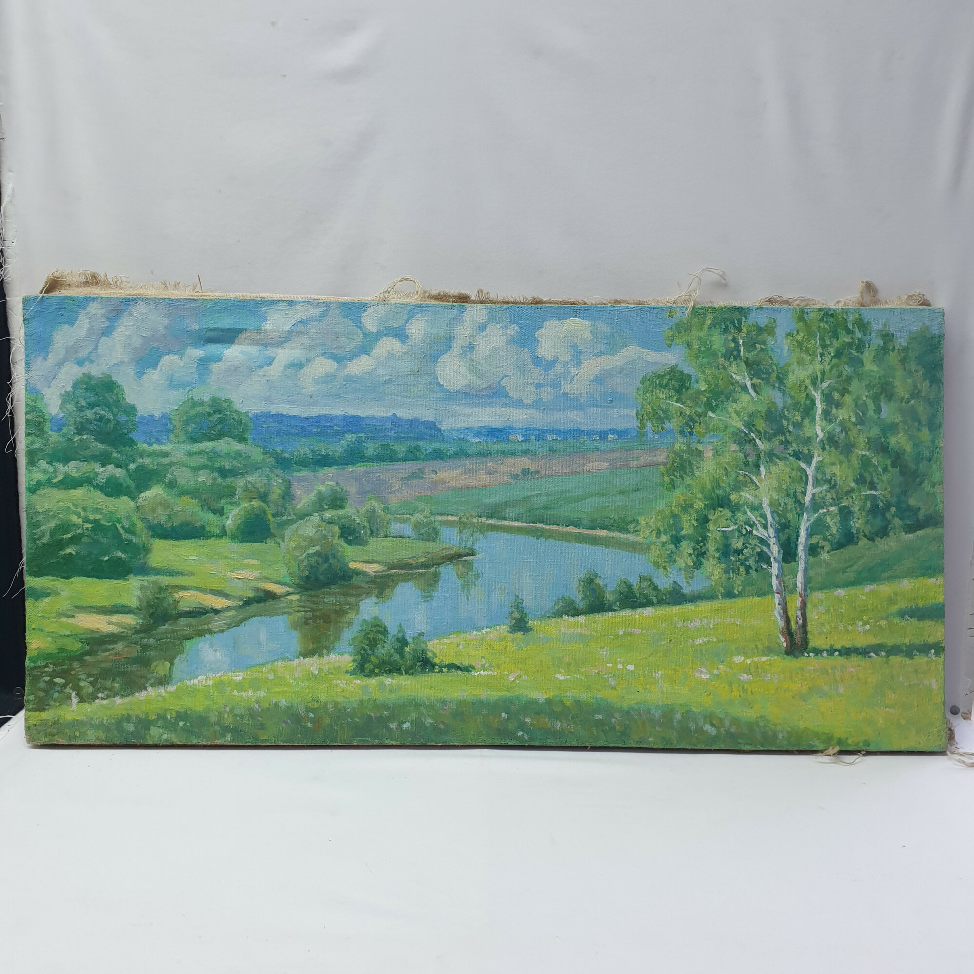 Винтажная картина Летняя река, холст, масло, 85х45 см, без рамы. СССР