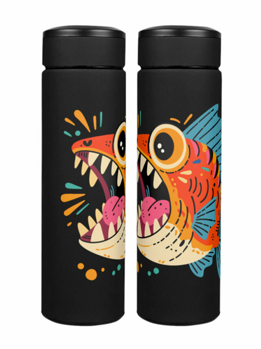 Термос «Рыба пиранья с большими зубами. Прикол, юмор» (черный)